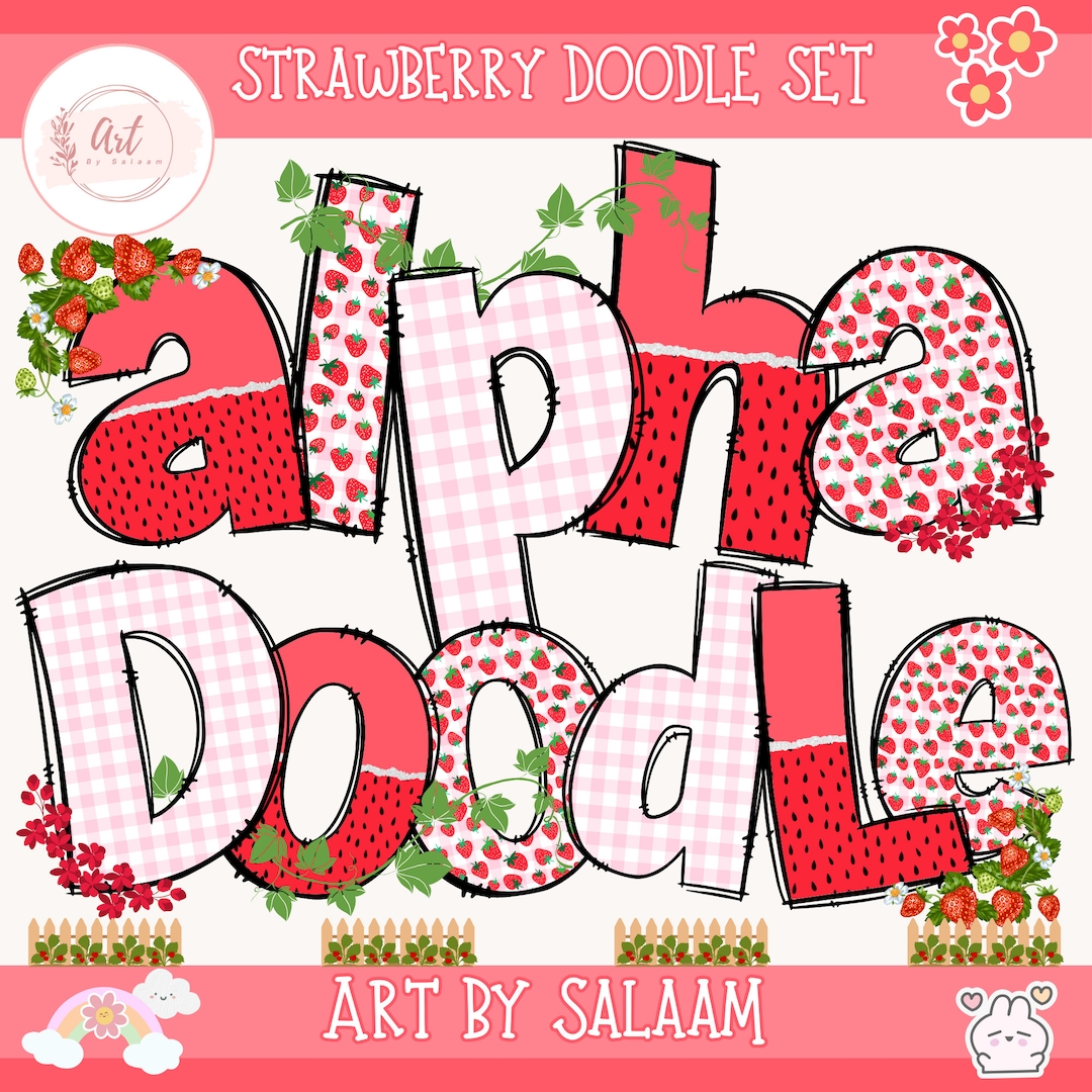 Strawberry Patch Doodle Alphabet Letters PNG Numbers Bundle, Strawberry ...