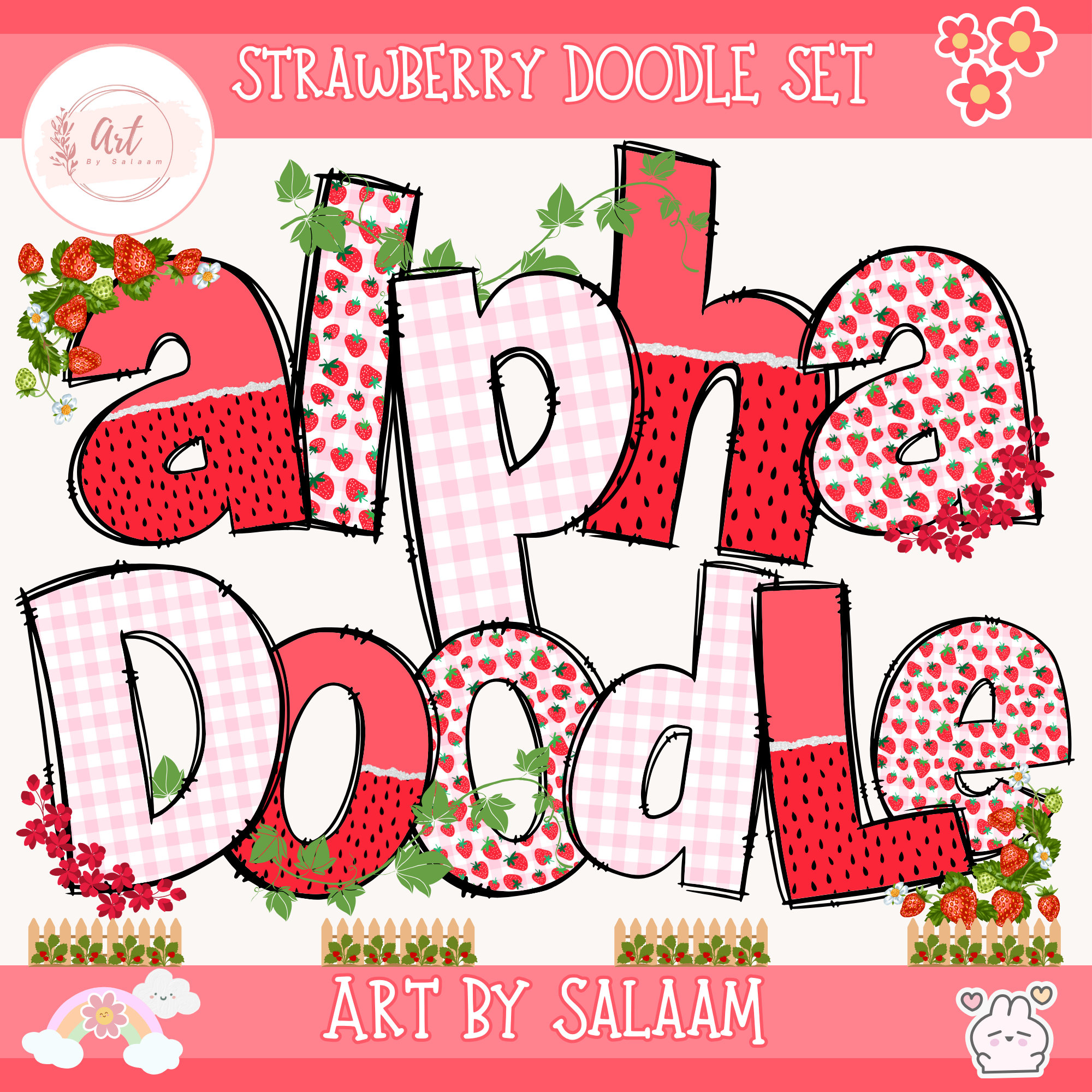 Strawberry Patch Doodle Alphabet Letters PNG Numbers Bundle, Strawberry ...