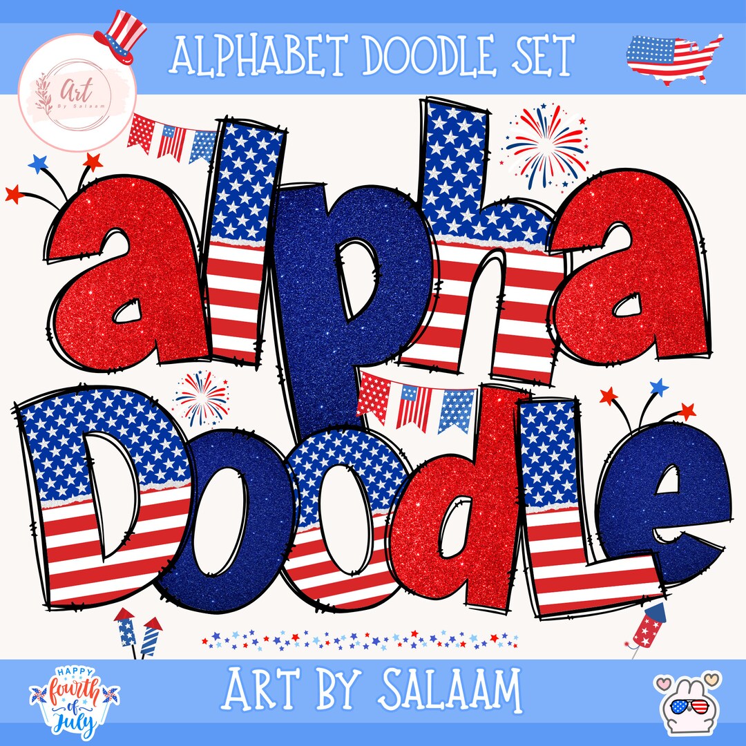 4TH July USA Flag Doodle Alphabet Letters PNG Bundle, Red White Blue ...