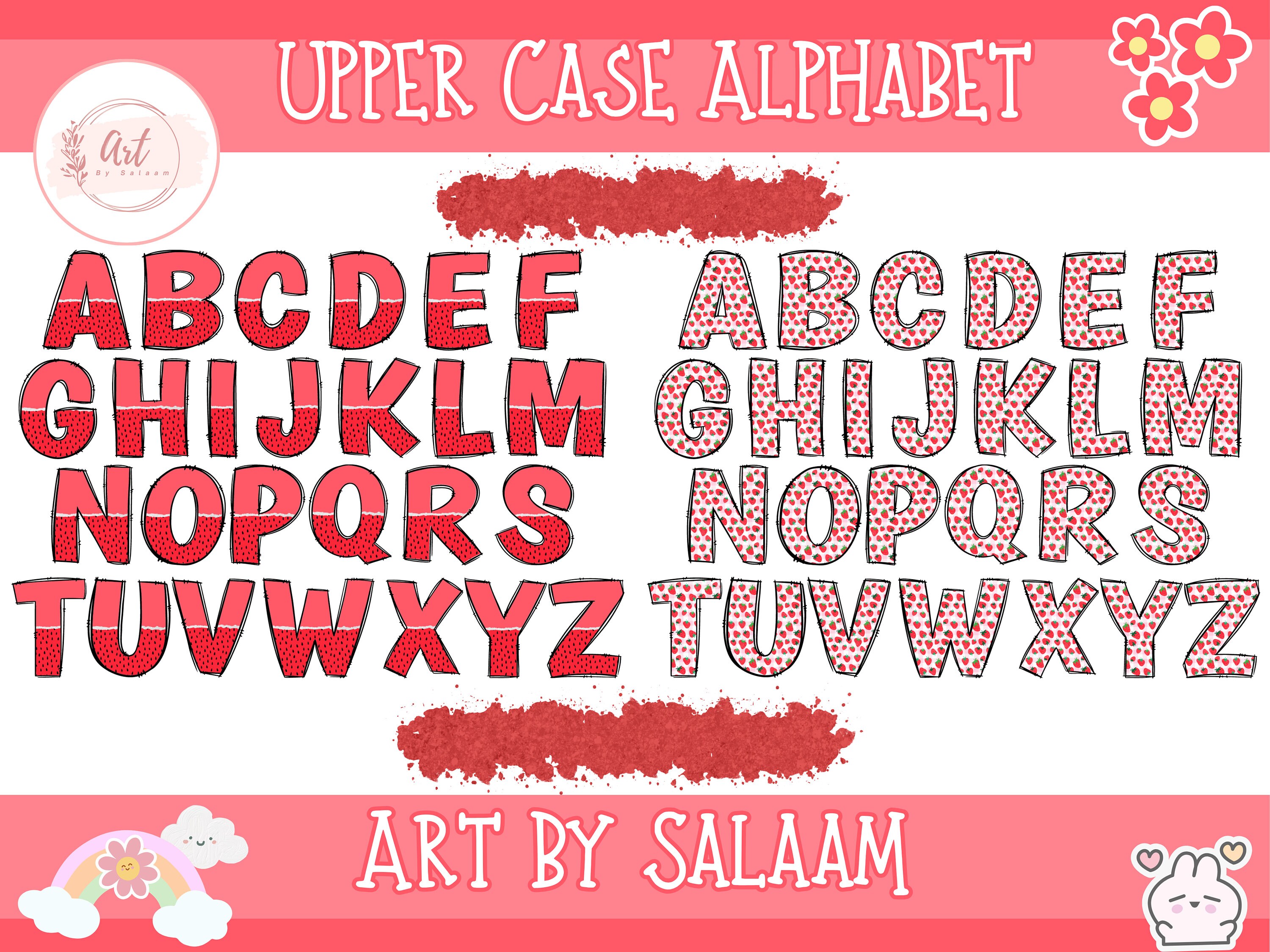 Strawberry Patch Doodle Alphabet Letters PNG Numbers Bundle, Strawberry ...