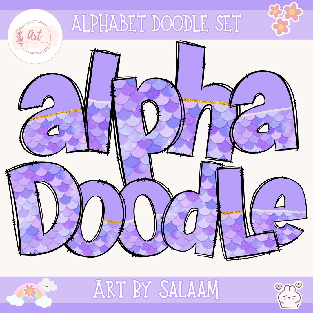 Mermaid Doodle Alphabet Letters PNG Numbers Bundle, Purple Mermaid Font ...