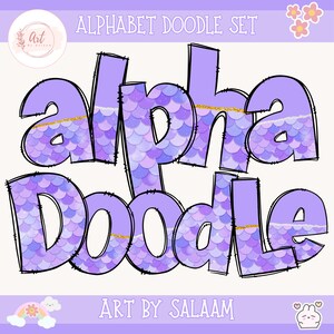 Mermaid Doodle Alphabet Letters PNG Numbers Bundle, Purple Mermaid Font ...