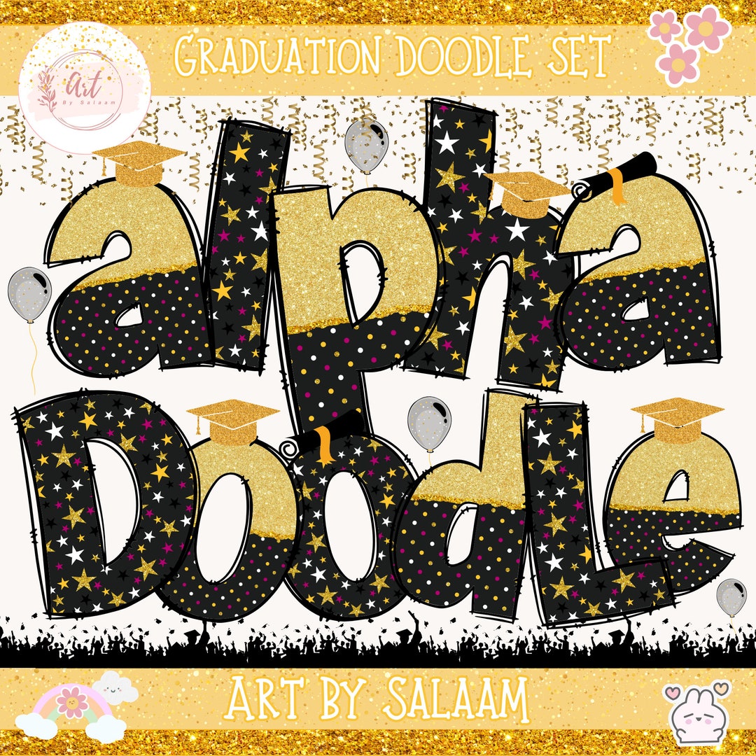 Graduation Doodle Alphabet Letters PNG Numbers Bundle, Gold Stars Font ...