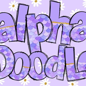 Mermaid Doodle Alphabet Letters PNG Numbers Bundle, Purple Mermaid Font ...