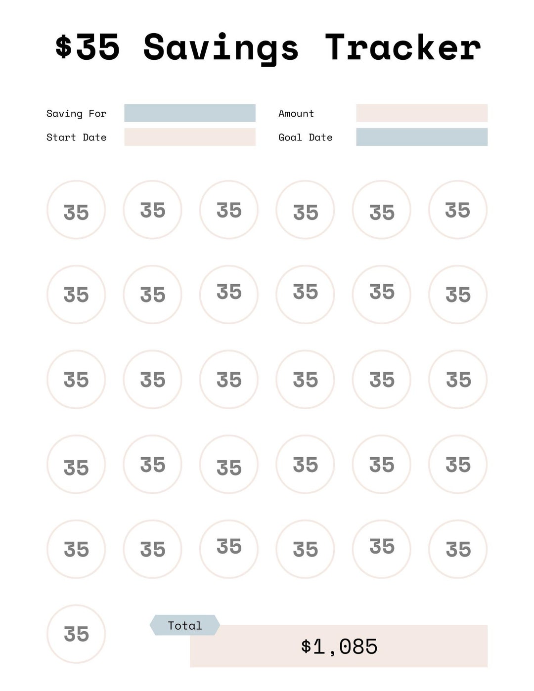 35 Savings Challenge-saves 1085-digital Printable Template - Etsy
