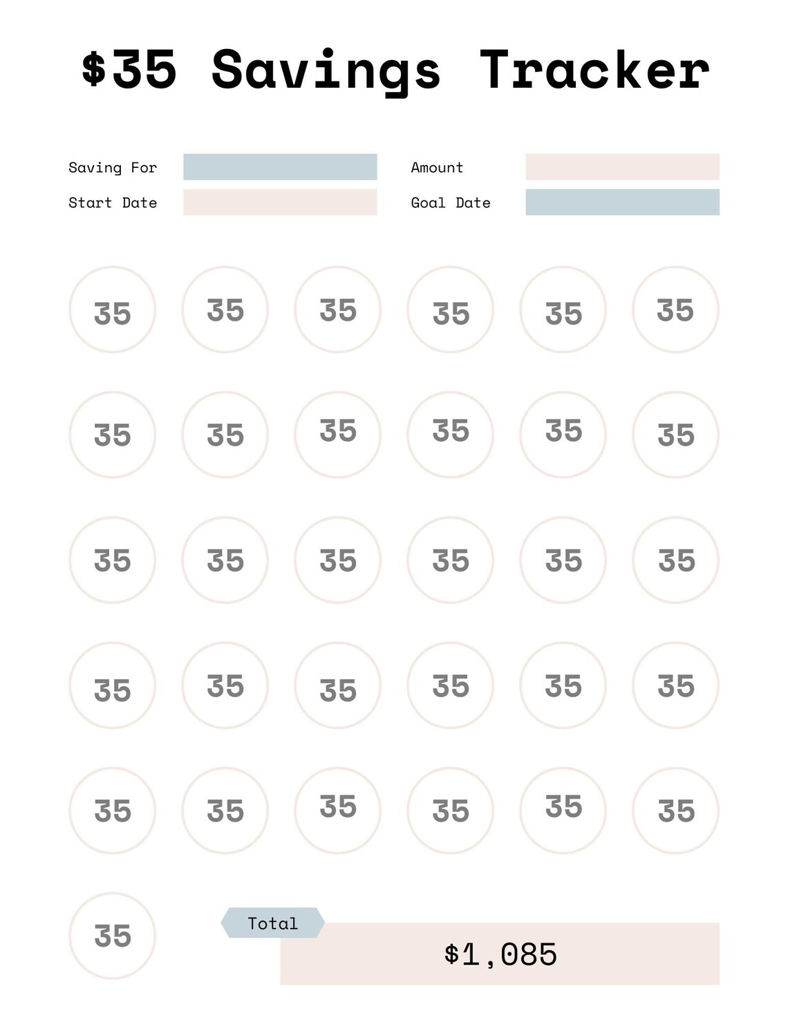 35 Savings Challenge-saves 1085-digital Printable Template - Etsy