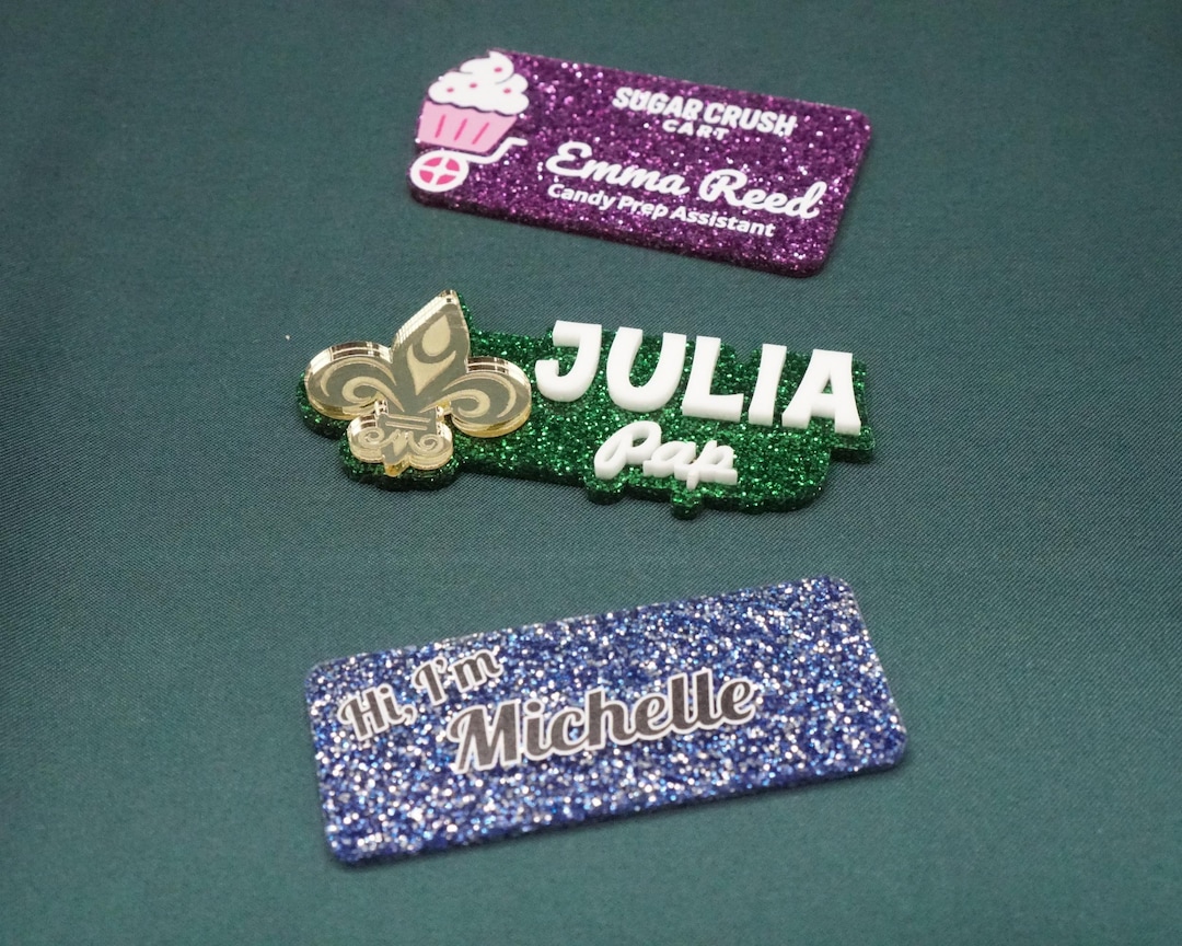 Glitter Custom Name Tag, Personalized Acrylic Name Badge With Magnetic ...