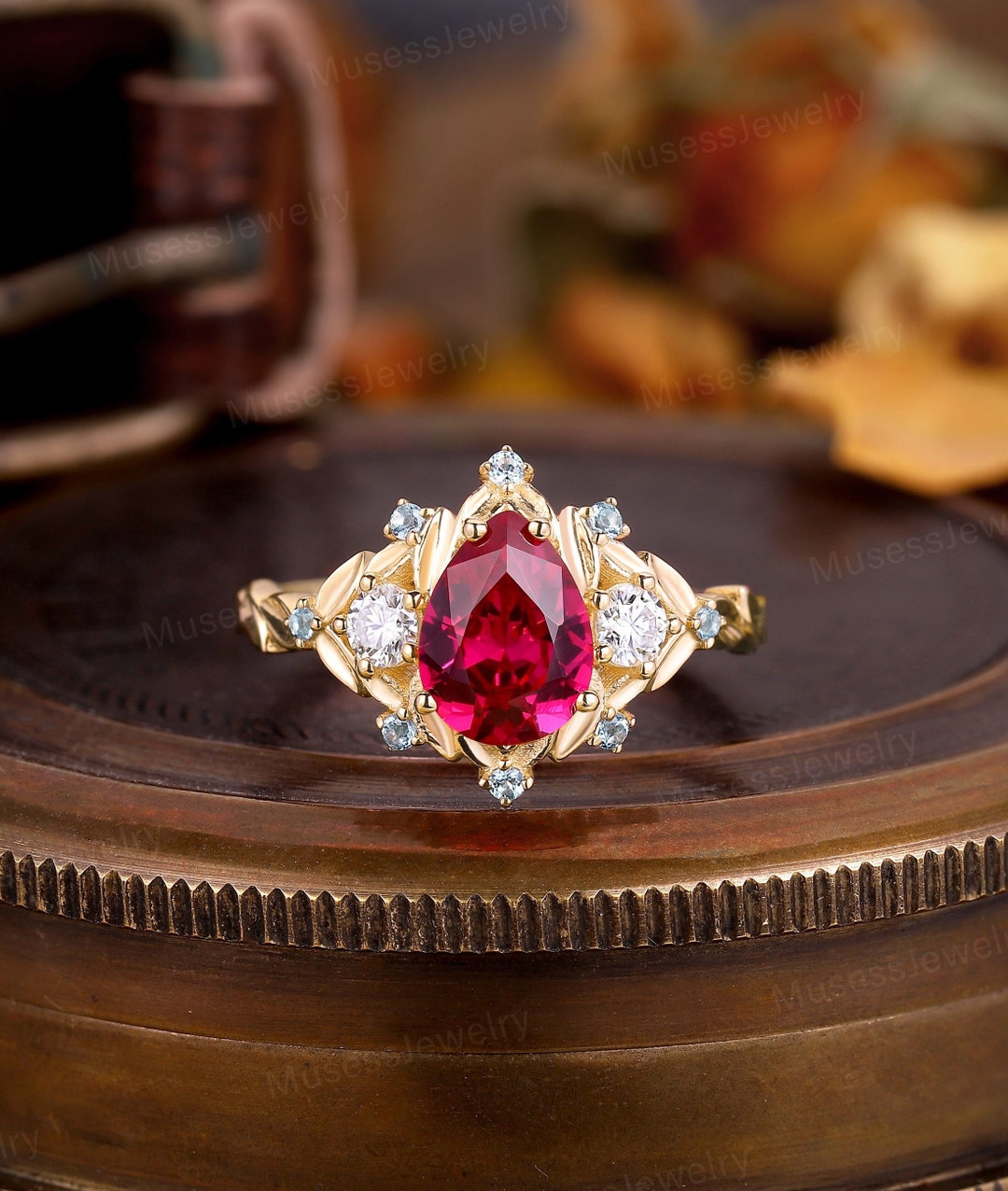 Pear Cut Ruby Wedding Ring Vintage Blue Moissanite Cluster Branch Ruby Engagement Ring Unique ...