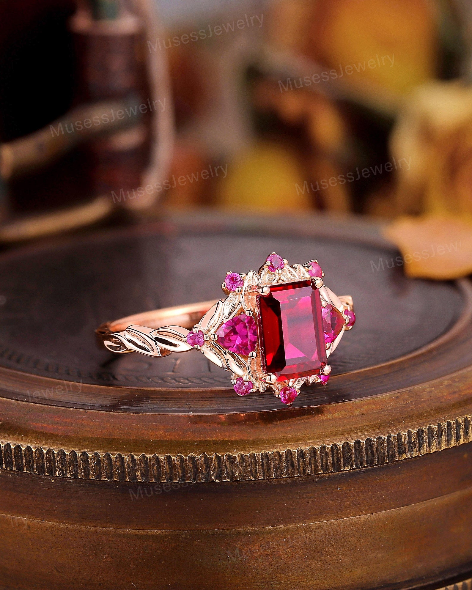 Vintage Emerald Cut Ruby Engagement Ring Nature Inspired Leaf Ruby ...