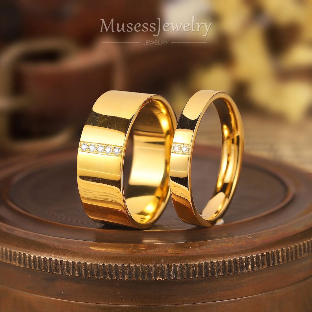 14k Solid Gold Diamond Couple Wedding Band 2pcs Couple Moissanite Ring ...