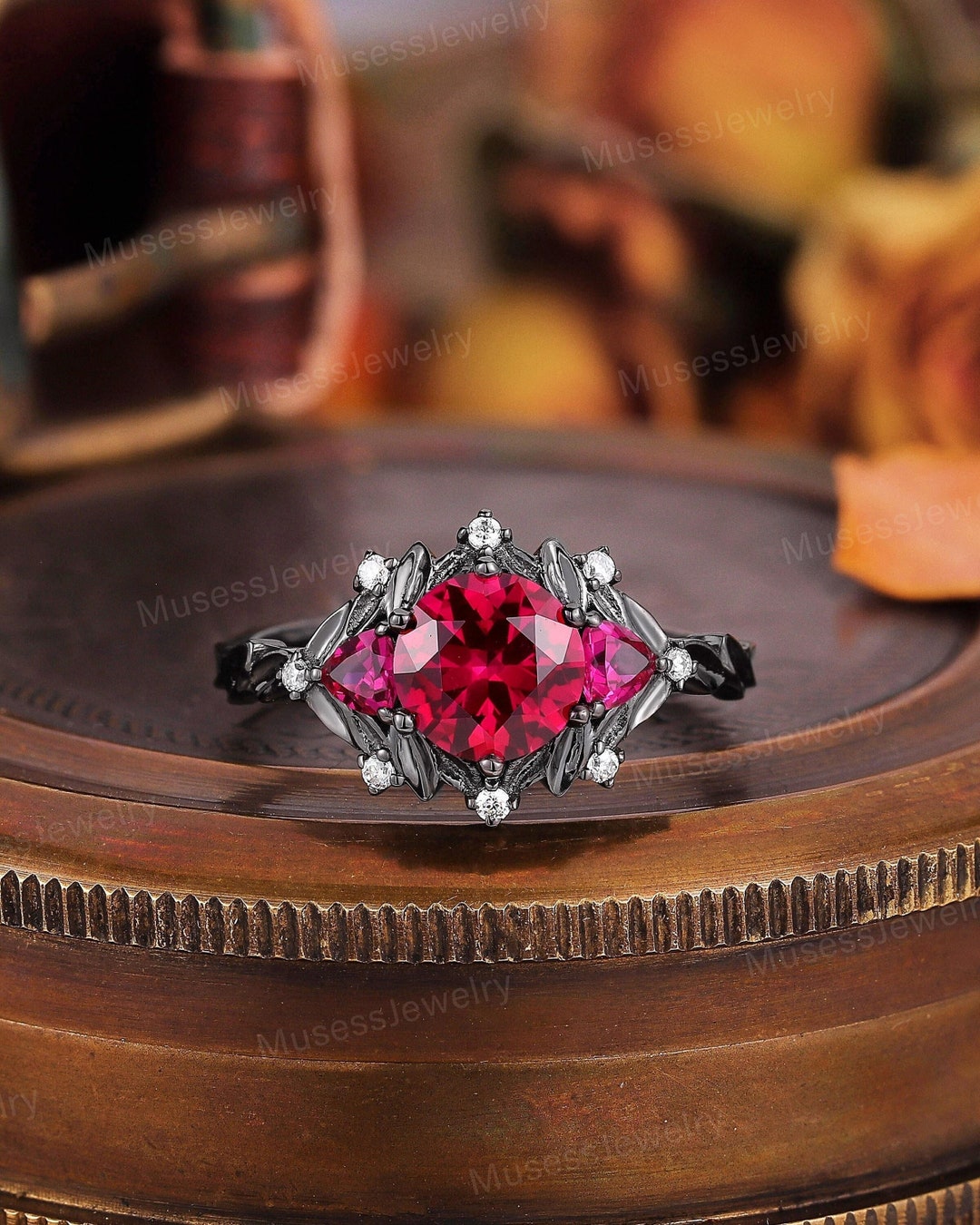 Vintage Ruby 14k Black Gold Engagement Ring Black Flower Branch Wedding ...