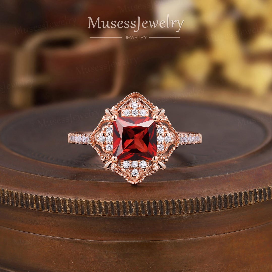 Vintage Princess Cut Garnet Halo Engagement Ring 14k Gold Bead-set ...
