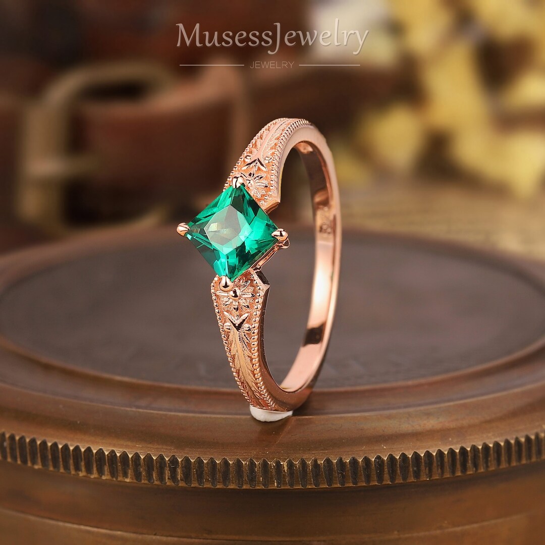 Vintage Princess Cut Emerald Engagement Ring Unique Princess Emerald ...