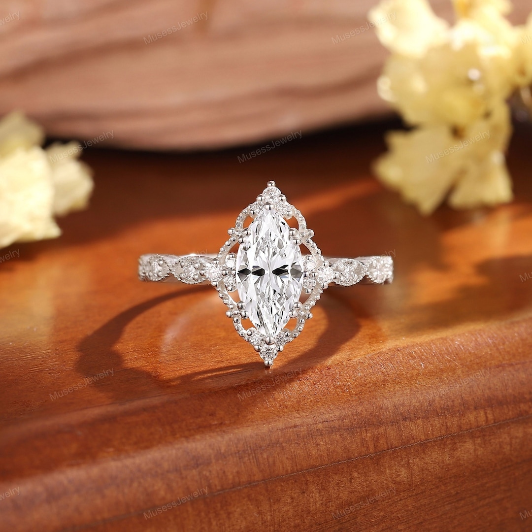 Vintage Marquise Cut Diamond Engagement Ring Personalized 14k White ...