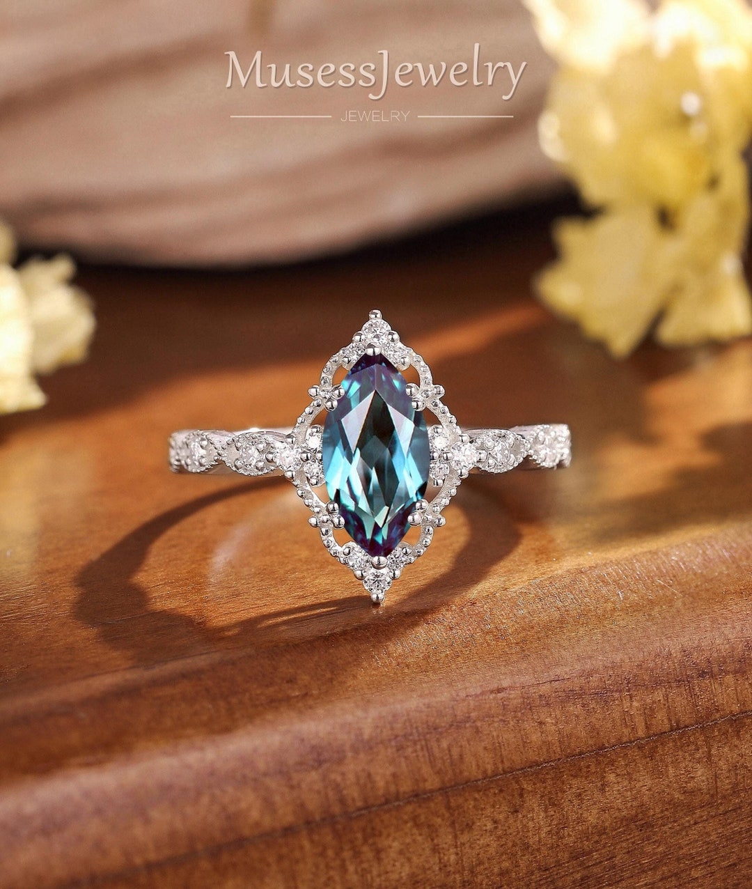 Vintage Marquise Alexandrite Engagement Ring Delicate Diamond Halo ...