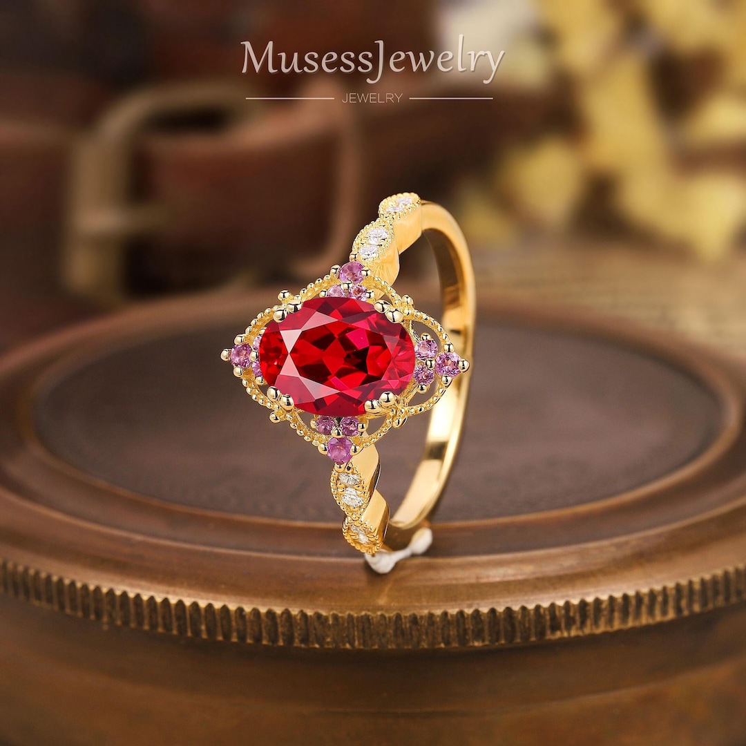 14k Gold Ruby Engagement Ring Vintage Pink Tourmaline Art Deco Promise ...