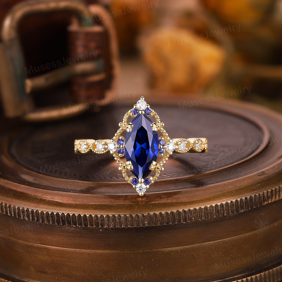 Vintage Sapphire Wedding Ring Marquise Cut Sapphire Engagement Ring ...