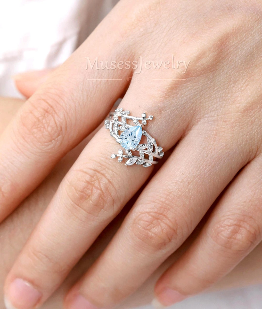 Nature Inspired Pear Cut Light Aquamarine Branch Engagement Ring Unique ...