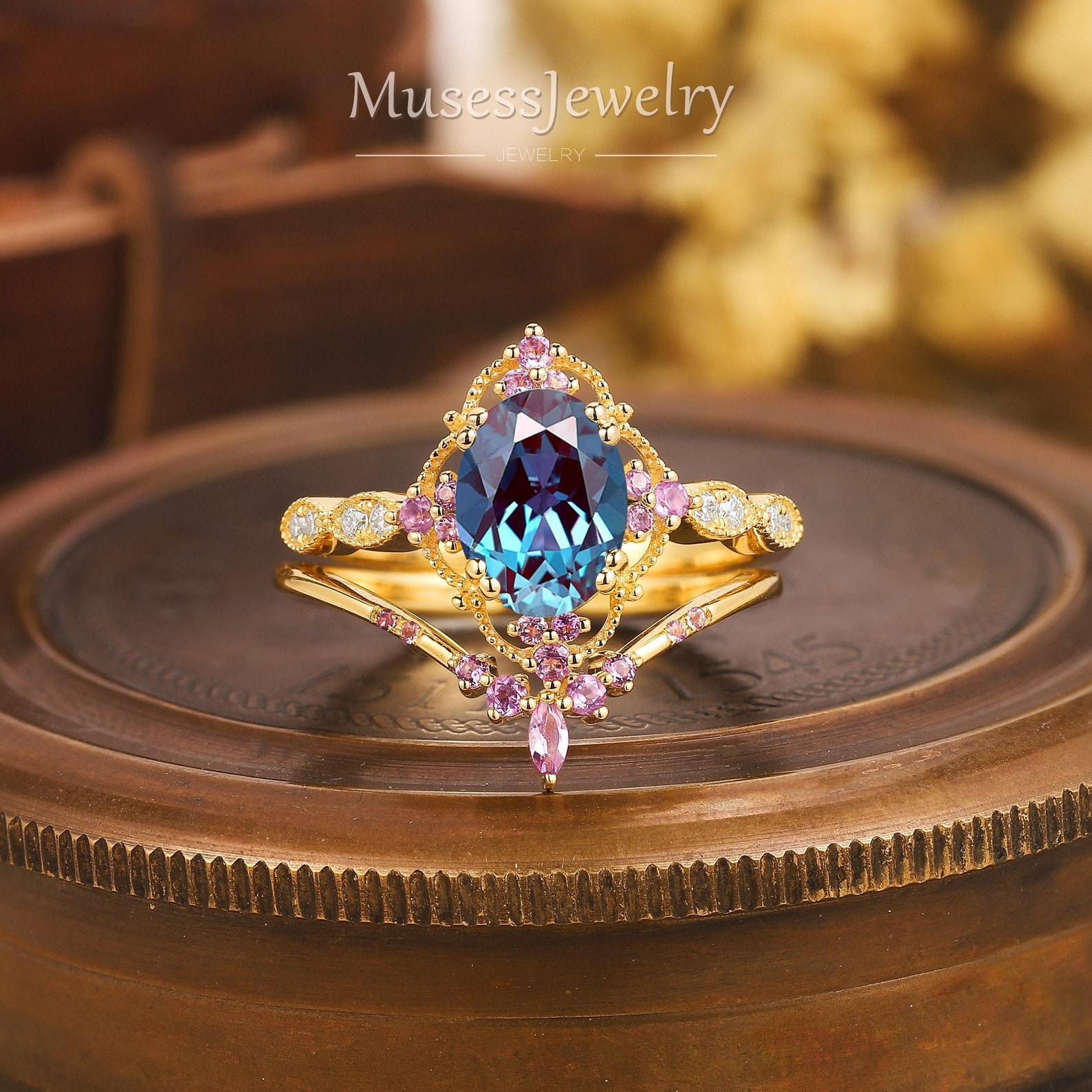Vintage Oval Alexandrite Engagement Ring Set Unique Pink Sapphire ...