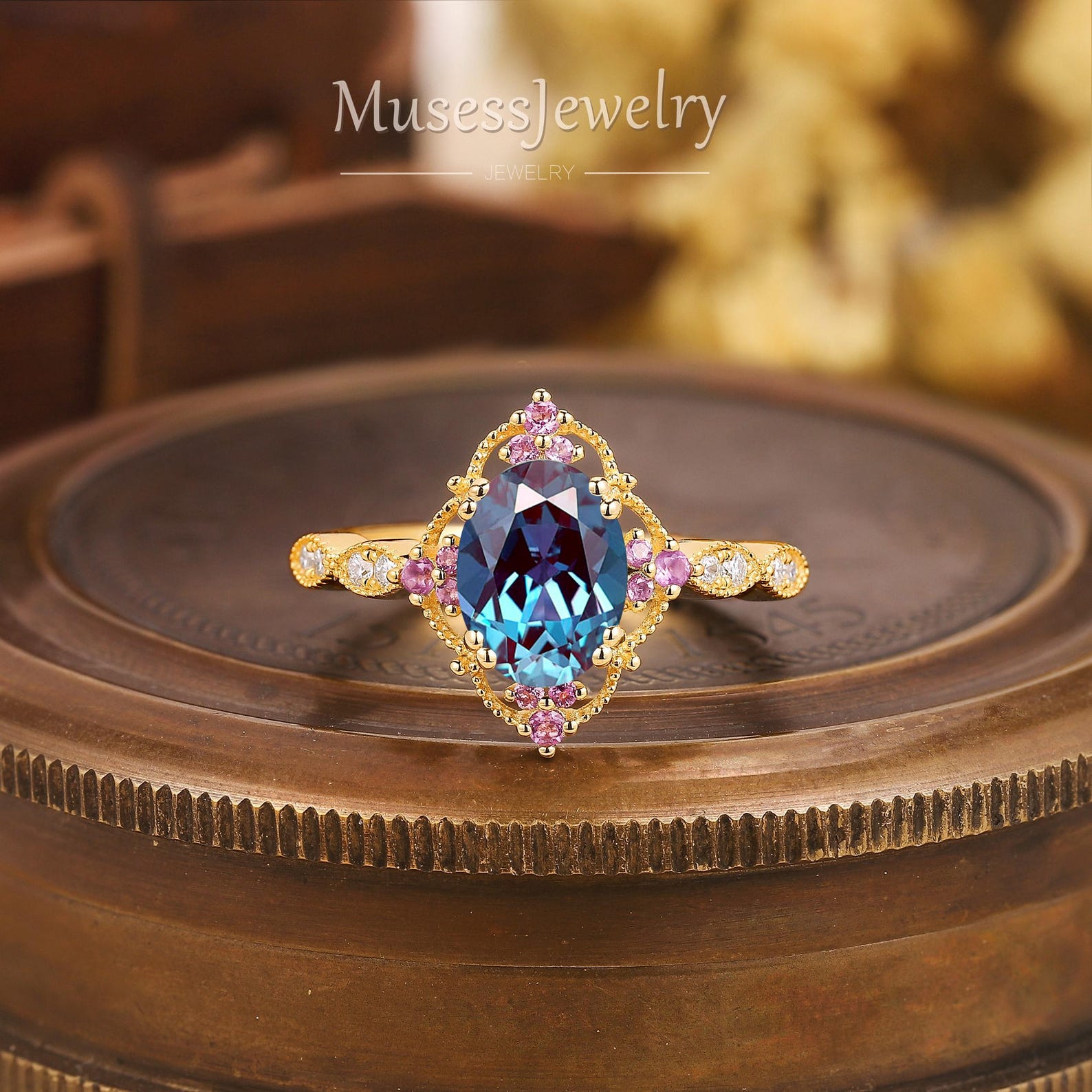 Vintage Oval Alexandrite Engagement Ring Set Unique Pink Sapphire ...