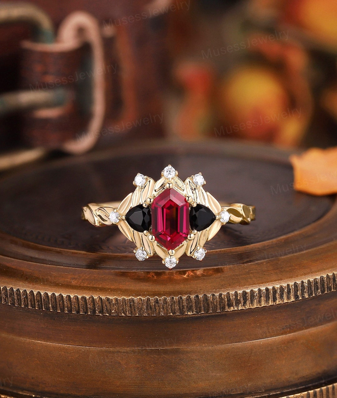 Long Hexagonal Cut Ruby & Onyx Engagement Ring Vintage Flower Branch ...