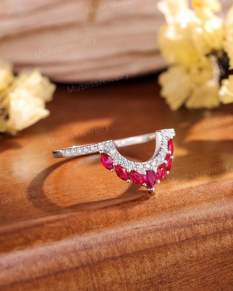 Marquise Ruby Wedding Band Moissanite Curved Stackable Matching Bridal ...