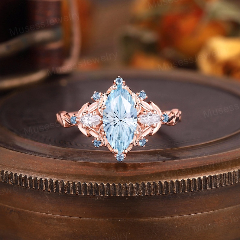 Unique Firework Cut Aquamarine Flower Engagement Ring Nature Inspired ...