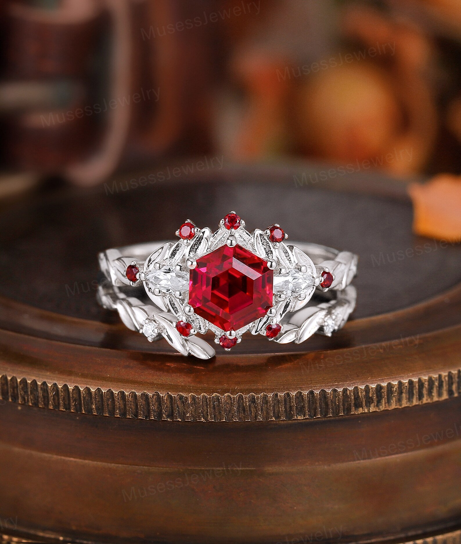 Hexagon Cut Ruby Engagement Ring Set, Vintage 14k White Gold Promise ...