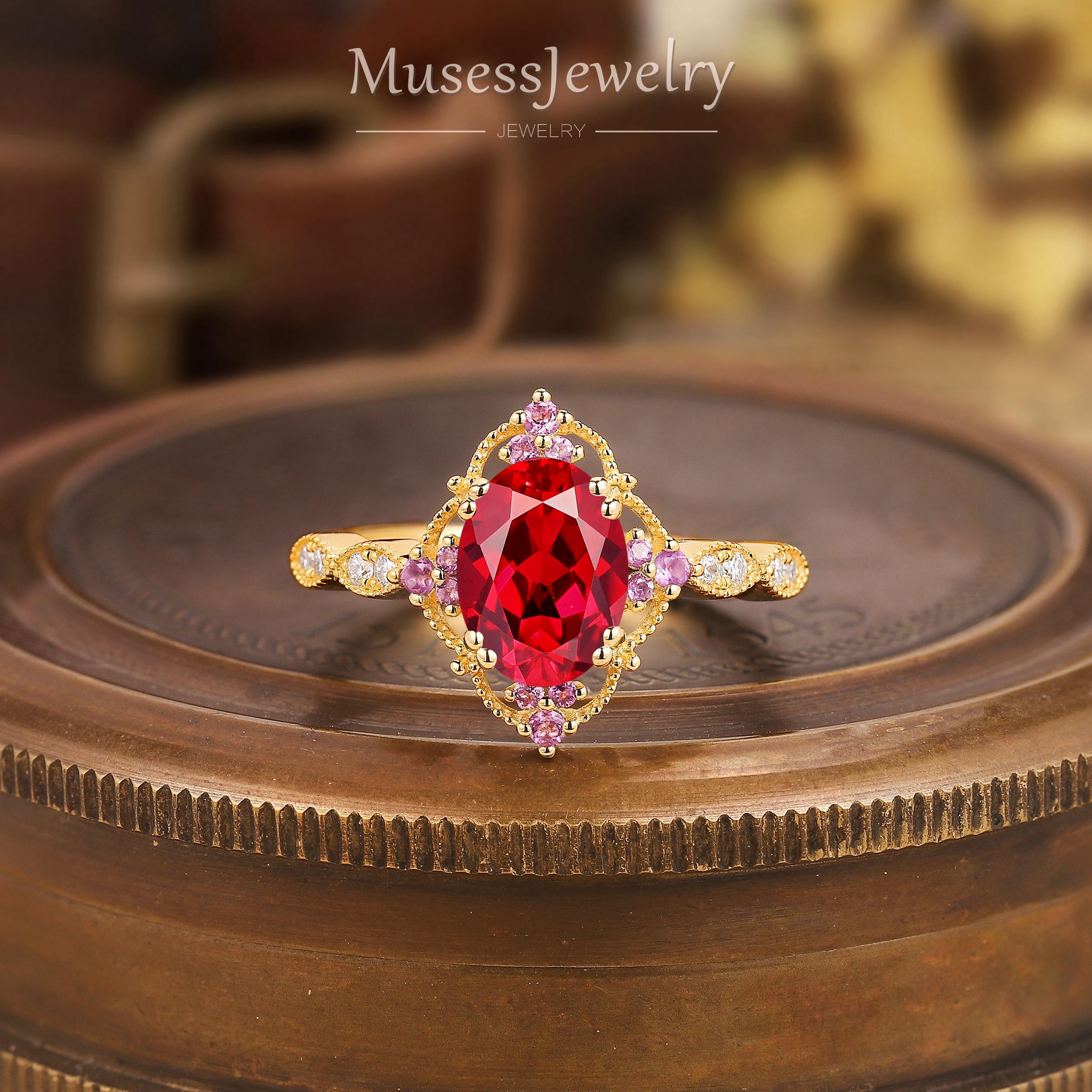 14k Gold Ruby Engagement Ring Vintage Pink Tourmaline Art Deco Promise ...