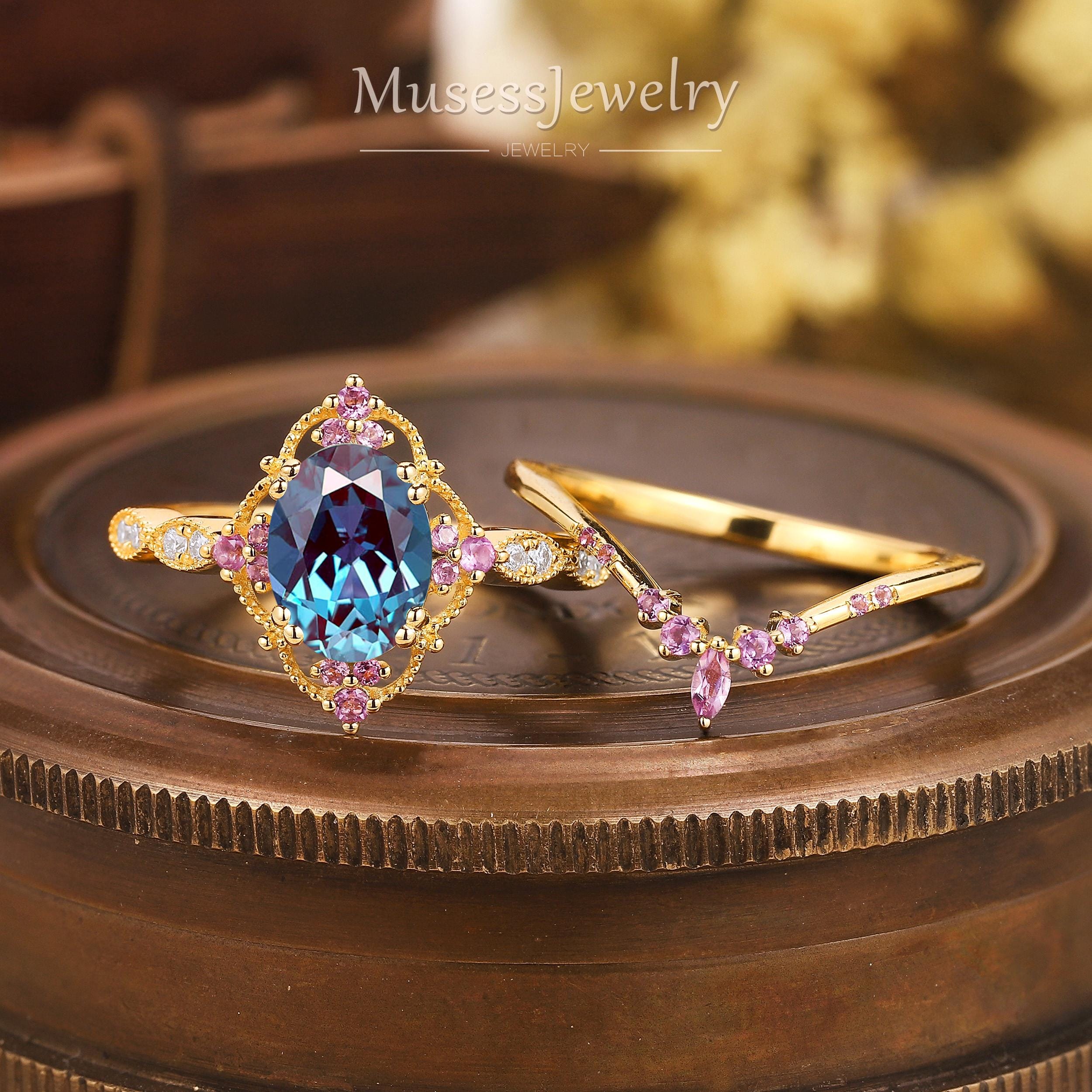 Vintage Oval Alexandrite Engagement Ring Set Unique Pink Sapphire ...