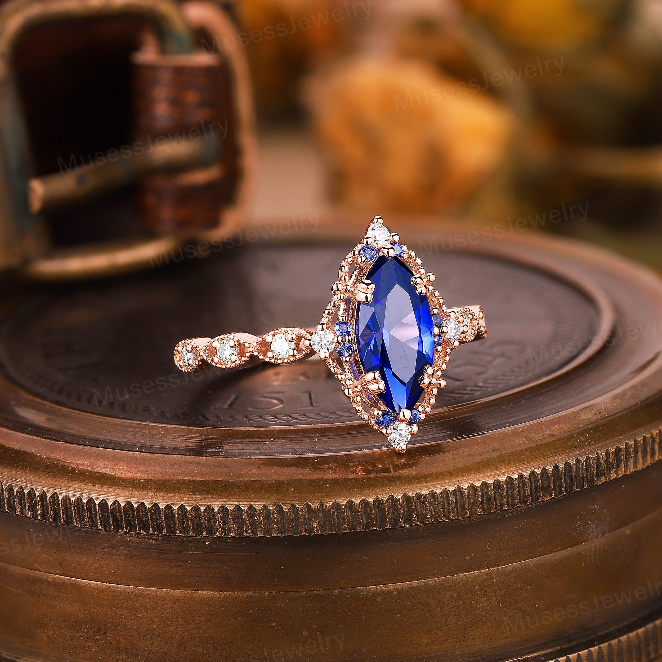 Vintage Sapphire Wedding Ring Marquise Cut Sapphire Engagement Ring ...