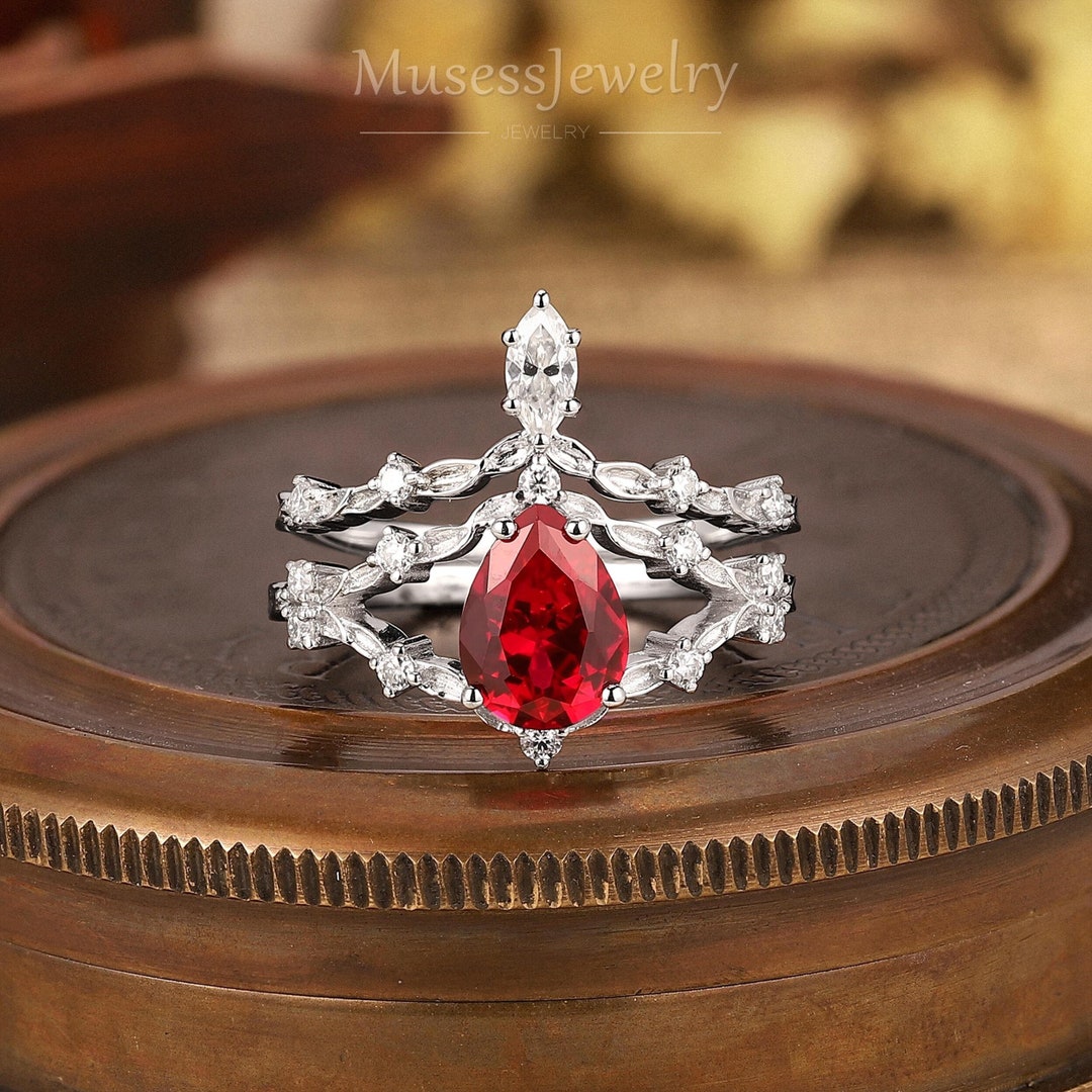 Pear Cut Ruby Engagement Ring Set Vintage Marquise Cut Moissanite ...