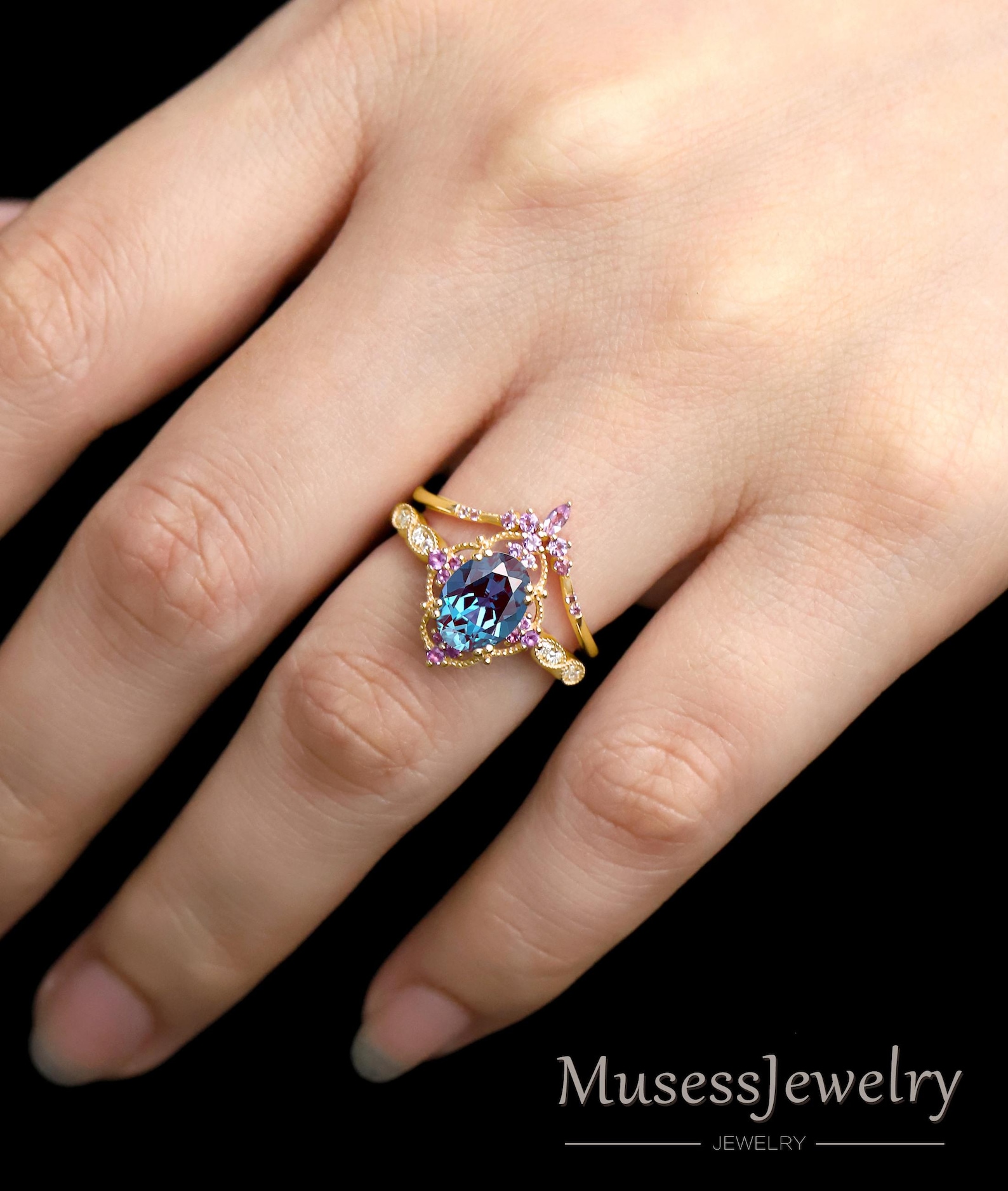 Vintage Oval Alexandrite Engagement Ring Set Unique Pink Sapphire ...