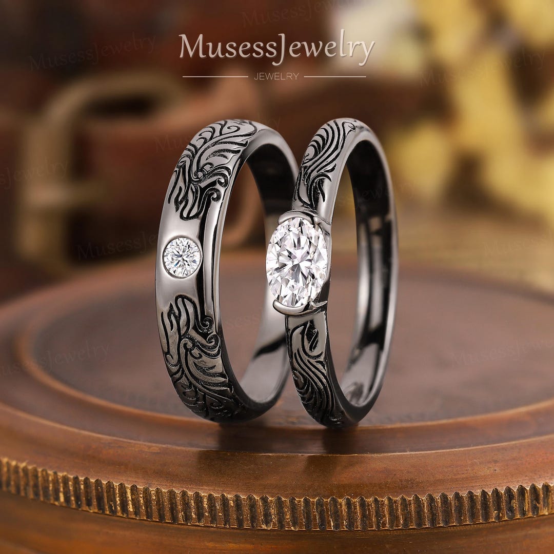 2pcs Vintage Oval Moissanite Black Gold Couple Ring Set Gothic Couple ...