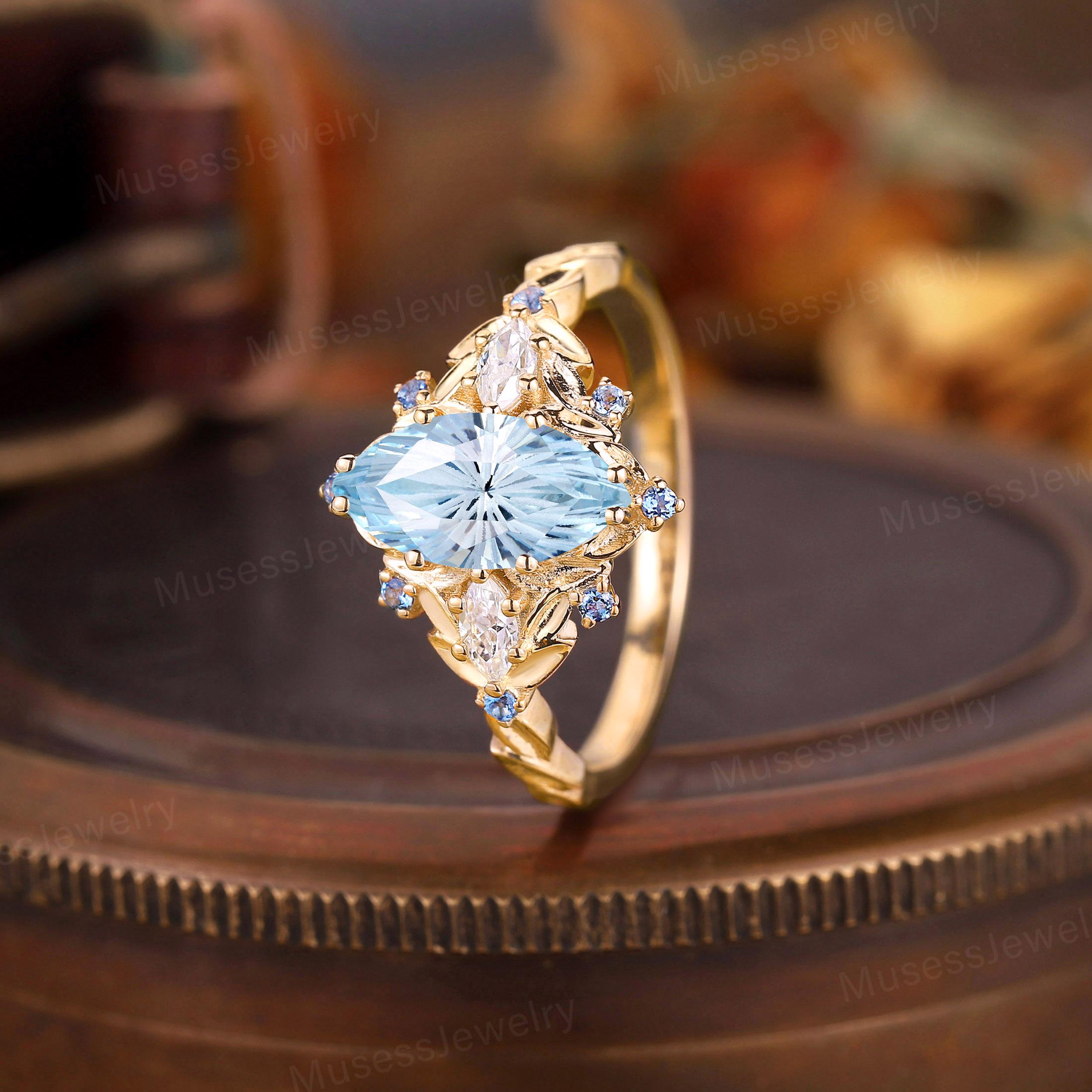 Unique Firework Cut Aquamarine Flower Engagement Ring Nature Inspired ...