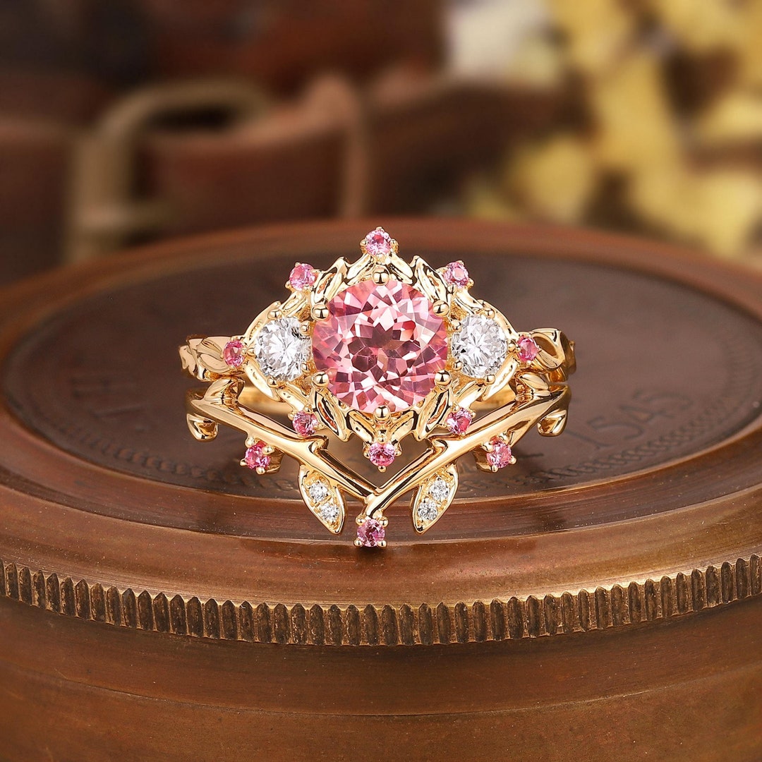 Nature Inspired Round Cut Pink Sapphire Twig Engagement Ring Set Dainty ...