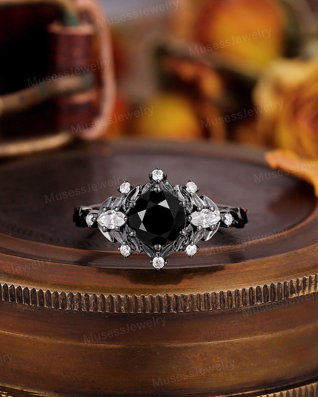 Vintage Round Cut Black Agate Engagement Ring Gothic 14k Black Gold ...