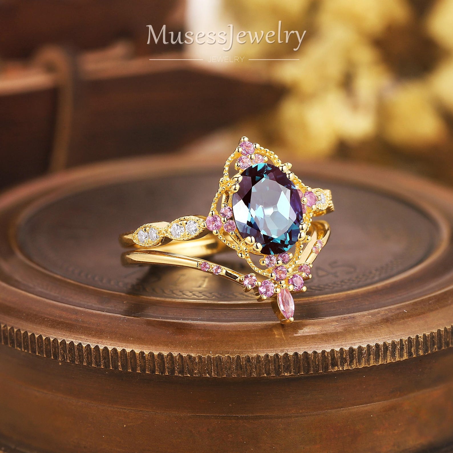 Vintage Oval Alexandrite Engagement Ring Set Unique Pink Sapphire ...