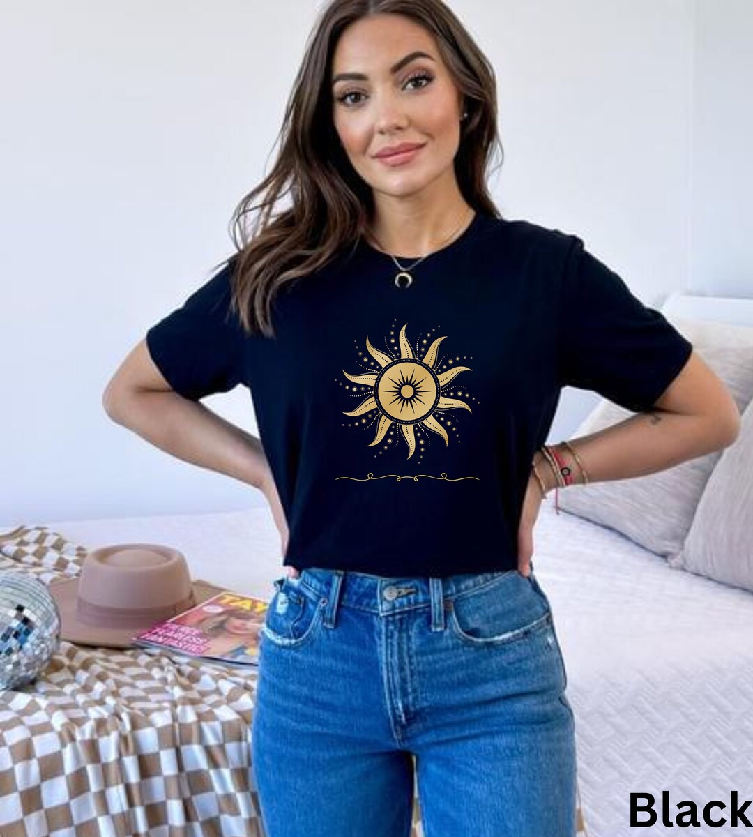 Women Celestial Sun T-shirt , Yellow Sunshine Rays Shirt, Retro Vibe ...