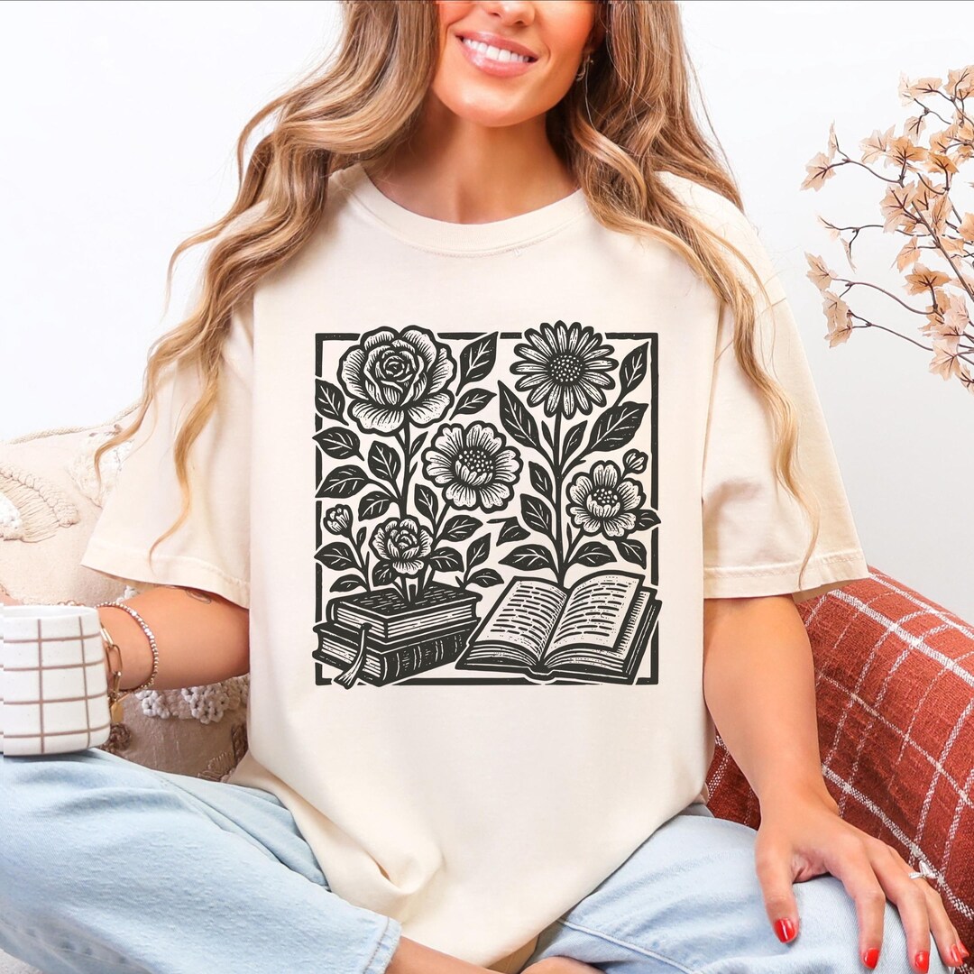 Vintage Linocut Book Lover Comfort Colors Shirt, Block Print Reader T ...