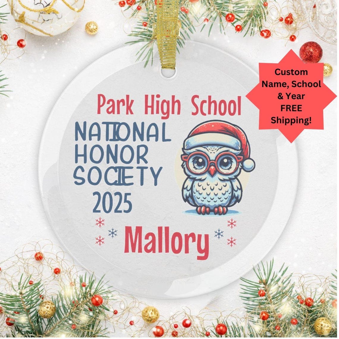 National Honor Society Glass Christmas Ornament, Custom Name Year ...