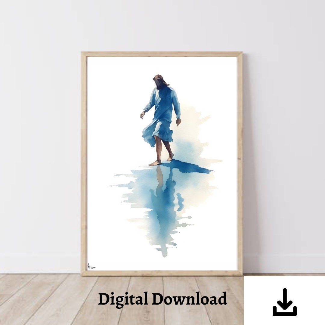 Jesus Walking on Water - Blue Watercolor Digital Artwork - Christian ...