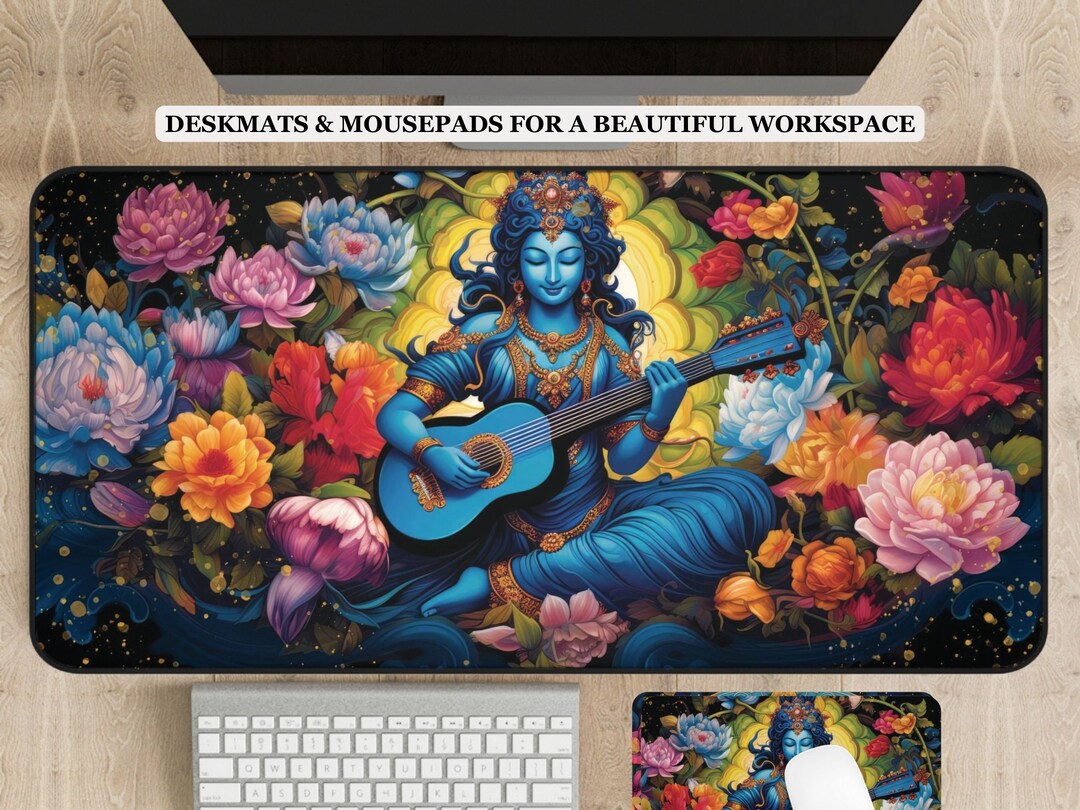 Saraswati Artful Desk Mat, Colorful Hindu Mouse Pad, Hindu Art, Artful ...