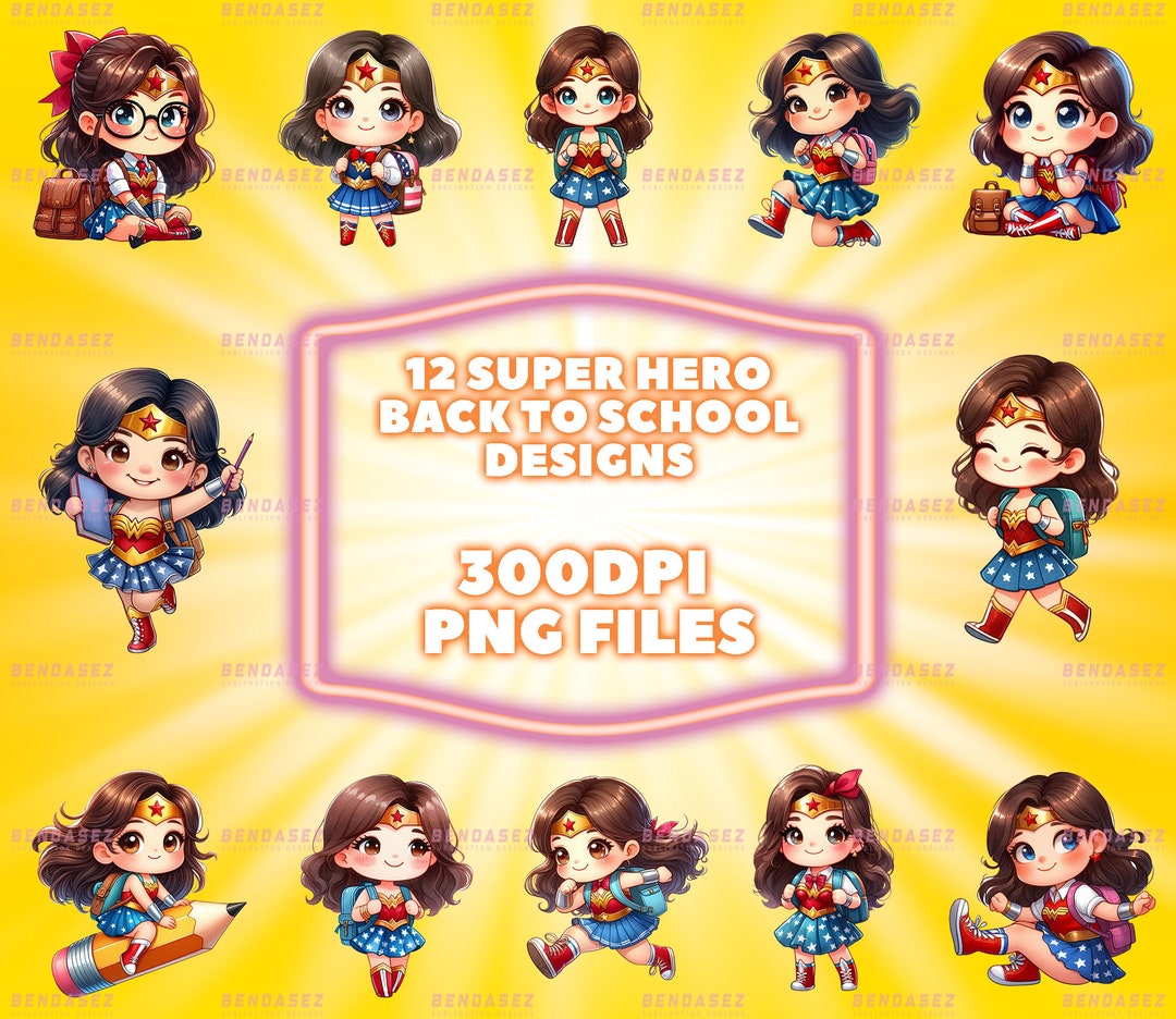 12 Super Hero Back to School Designs Png Bundle, Cartoon PNG ...