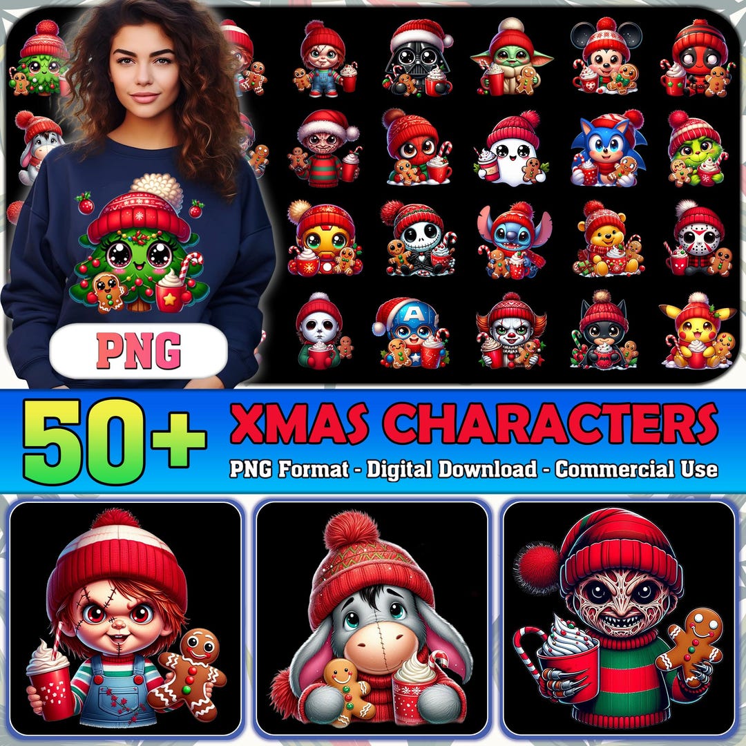 50+ Designs Christmas Characters Bundle Png, Christmas Movie Png, Xmas ...