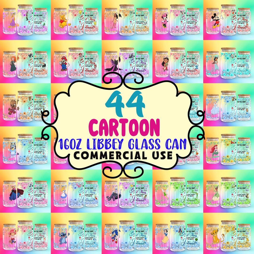 44 Designs Cartoon Characters Bundle 16oz Libbey Glass Can Png ...