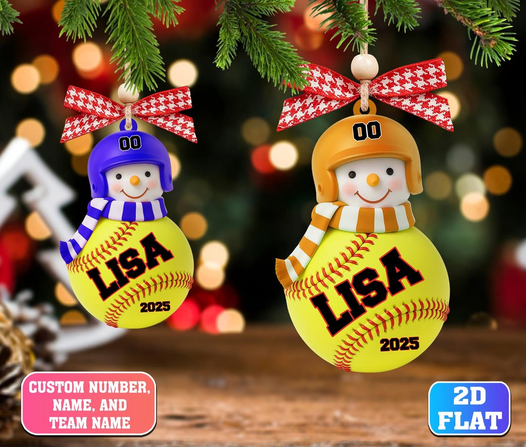 Personalized 2D Flat Cute Softball Snowman Ornament 2025, Custom Name ...