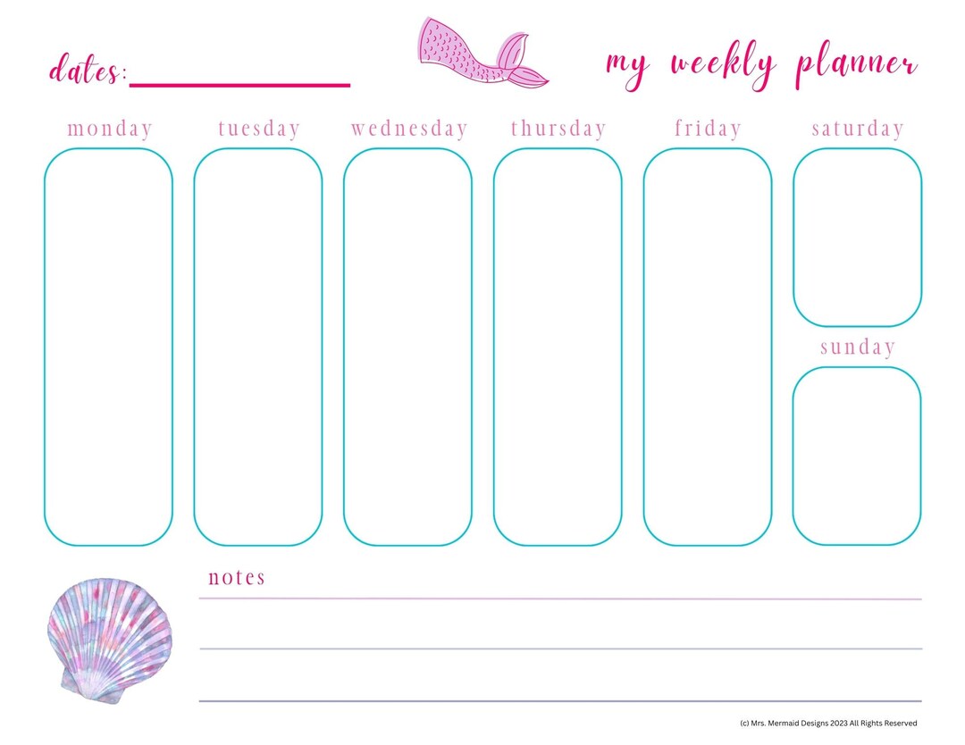 Printable Weekly Planner Mermaid and Seashell Themed - Etsy