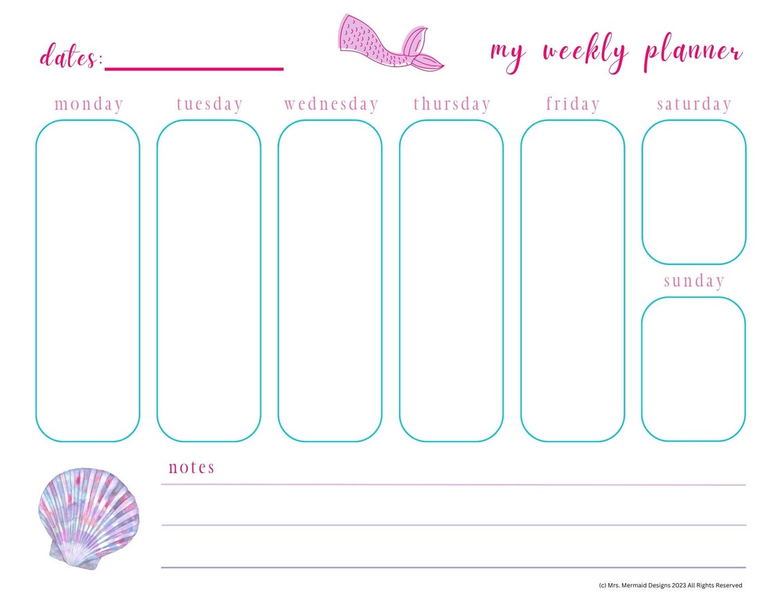 Printable Weekly Planner Mermaid and Seashell Themed - Etsy