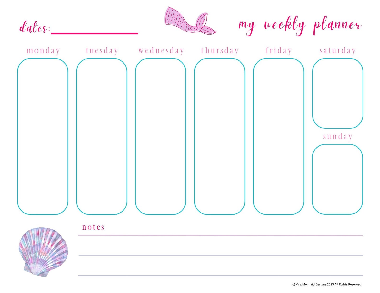 Printable Weekly Planner Mermaid and Seashell Themed - Etsy